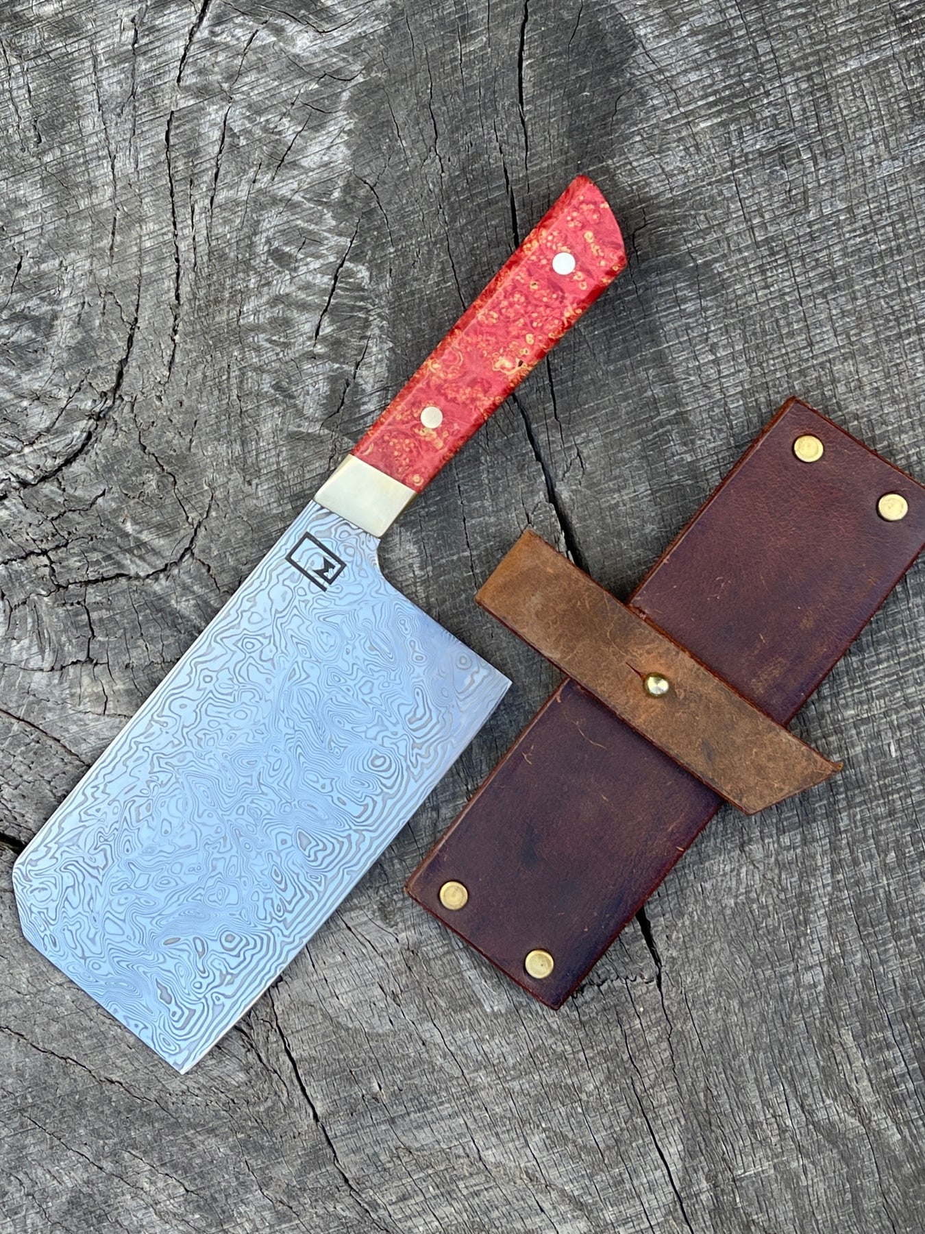 6" Damasteel Cleaver with Dyed Maple and Brass Bolsters – Monolith, Inc.